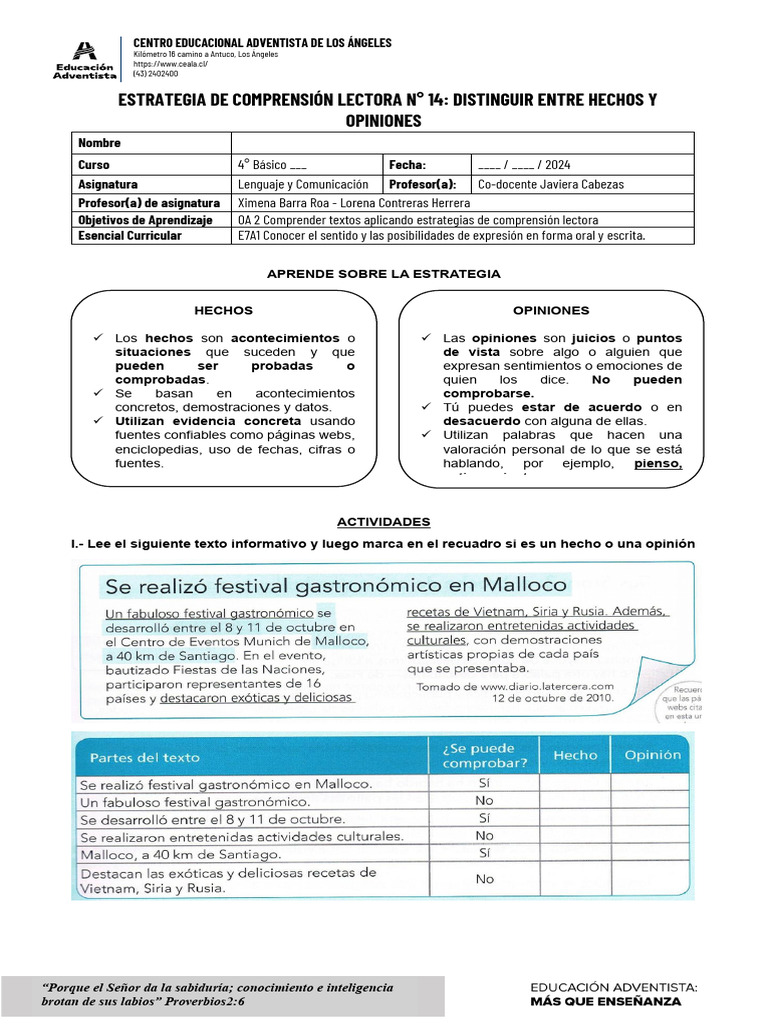 Guia 14 Distinguir Entre Hecho y Opinión | PDF