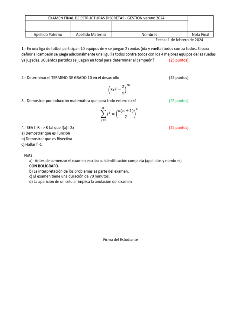 3er EXAMEN DE ESTRUCTURAS DISCRETAS Verano Enero 2024 | PDF