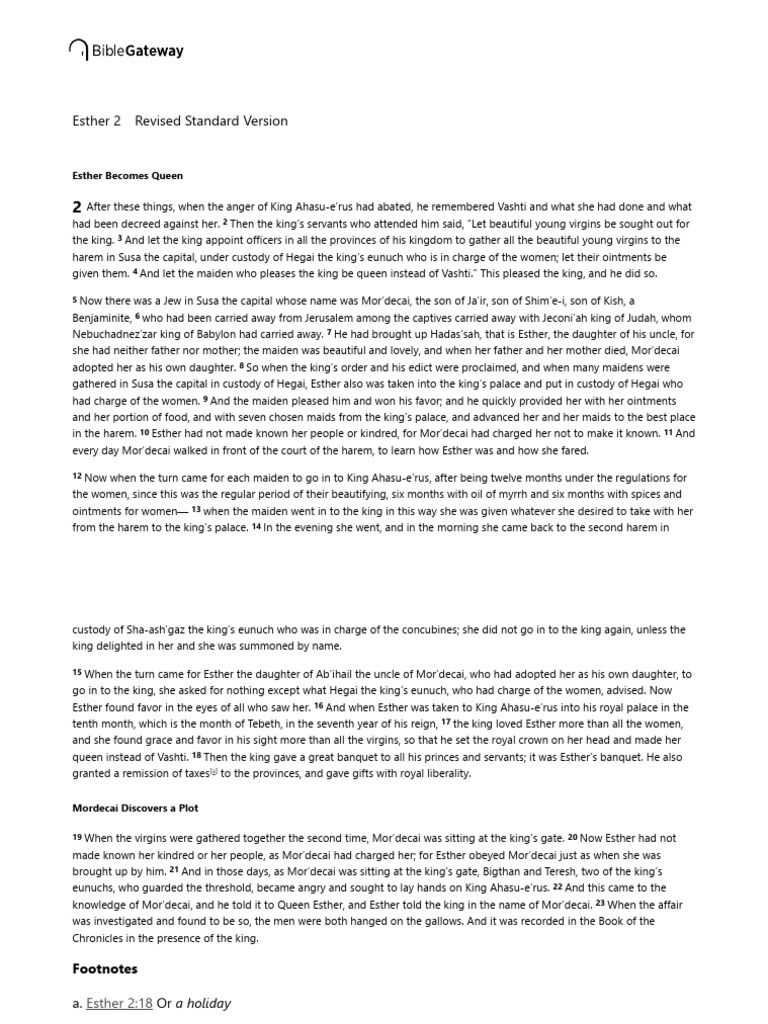 Esther 2 RSV - Esther Becomes Queen - After These - Bible Gateway | PDF ...