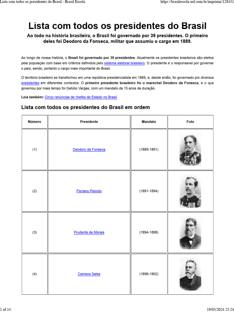 Lista Com Todos Os Presidentes Do Brasil - Brasil Escola | PDF