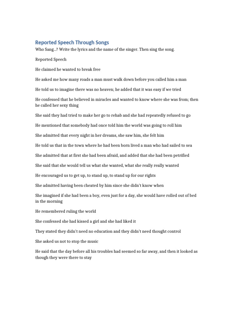 Reported Speech en Canciones | PDF