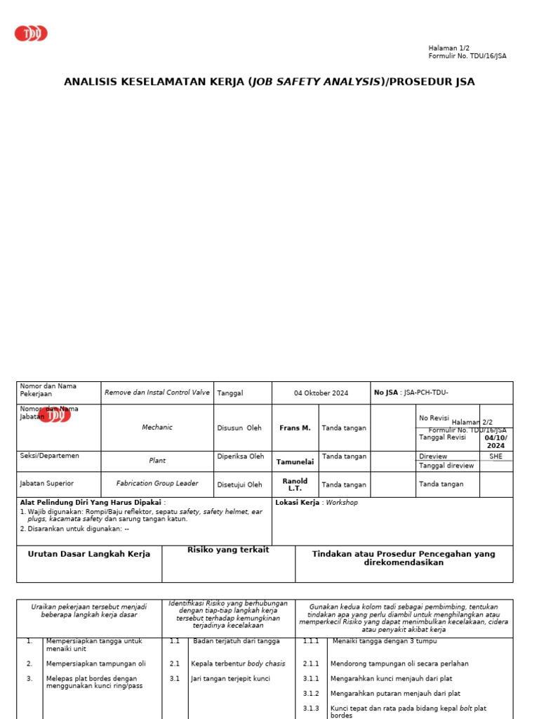 Jsa - Remove Dan Instal Control Valve New | PDF | Gas Technologies | Hydraulics