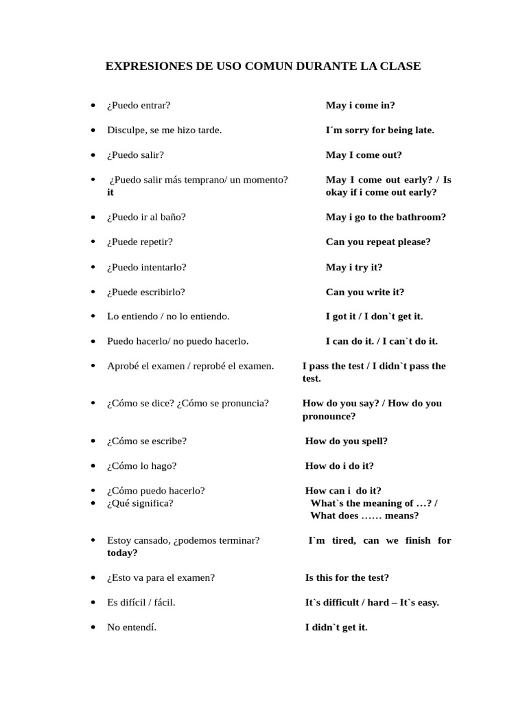 Semana 1 Expresiones Comunes en Clases de Inglés | PDF