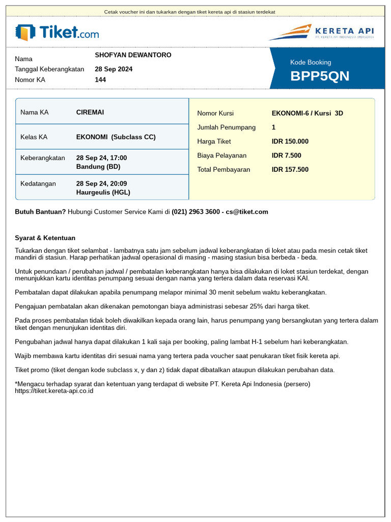 Contoh Tiket Kereta Api | PDF