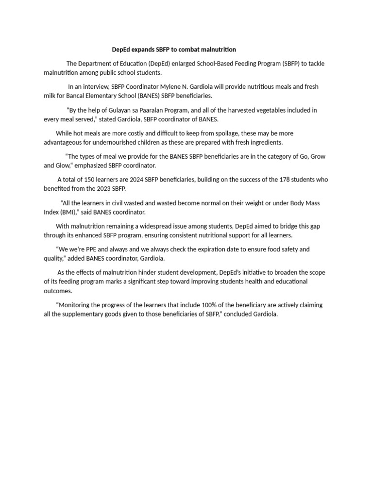 DepEd Expands SBFP To Combat Malnutrition | PDF