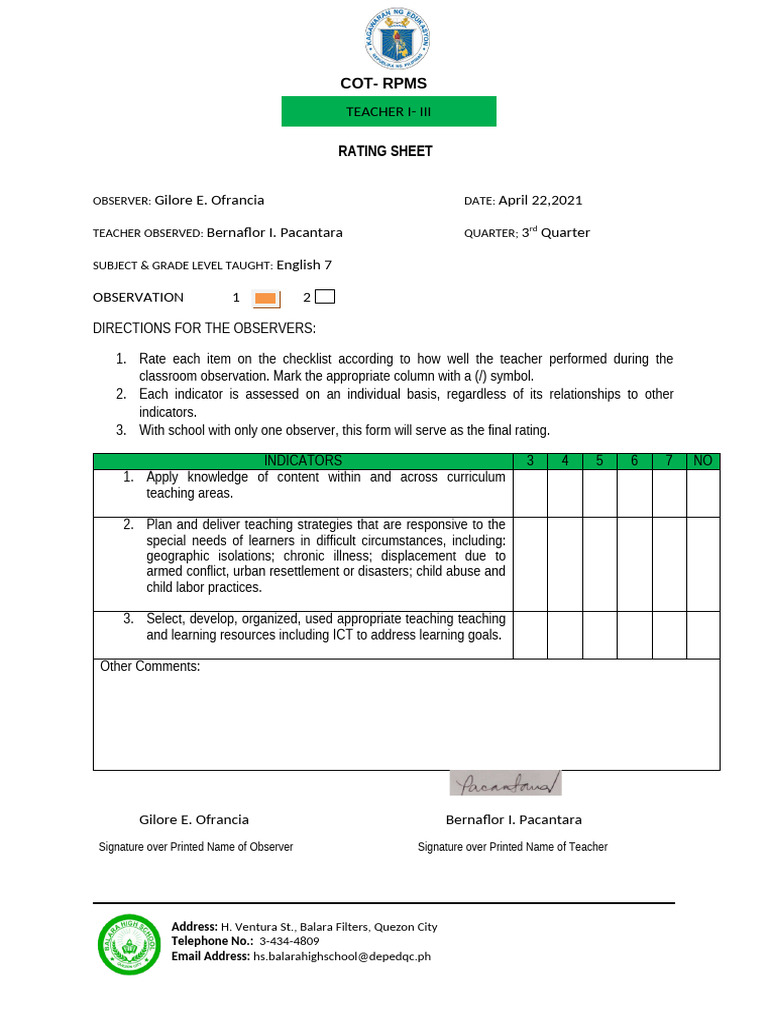 COT-RPMS Rating Sheet for Teachers | PDF