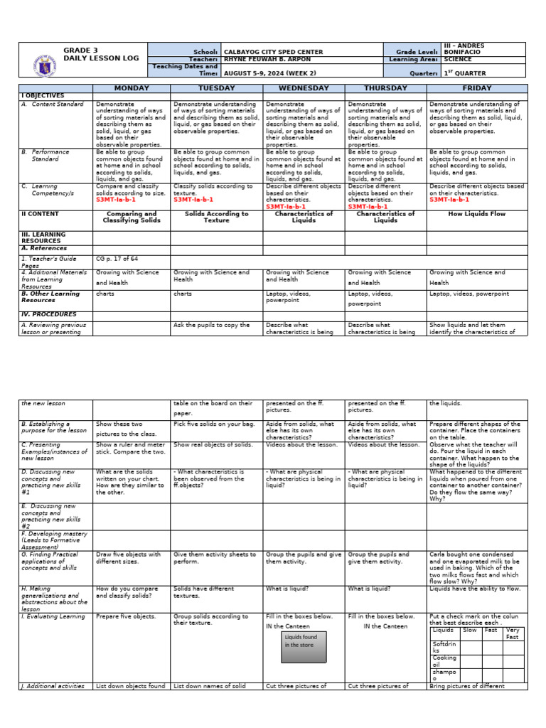 DLL - Science 3 - Q1 - W2 | PDF