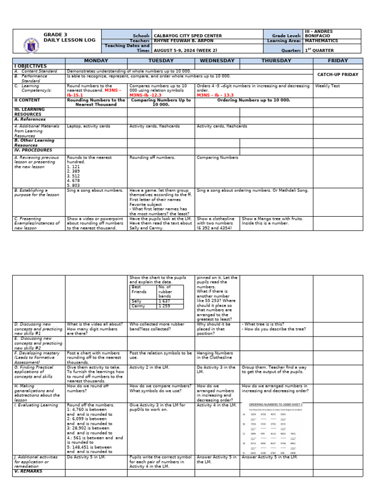DLL Mathematics 3 q1 w2 | PDF