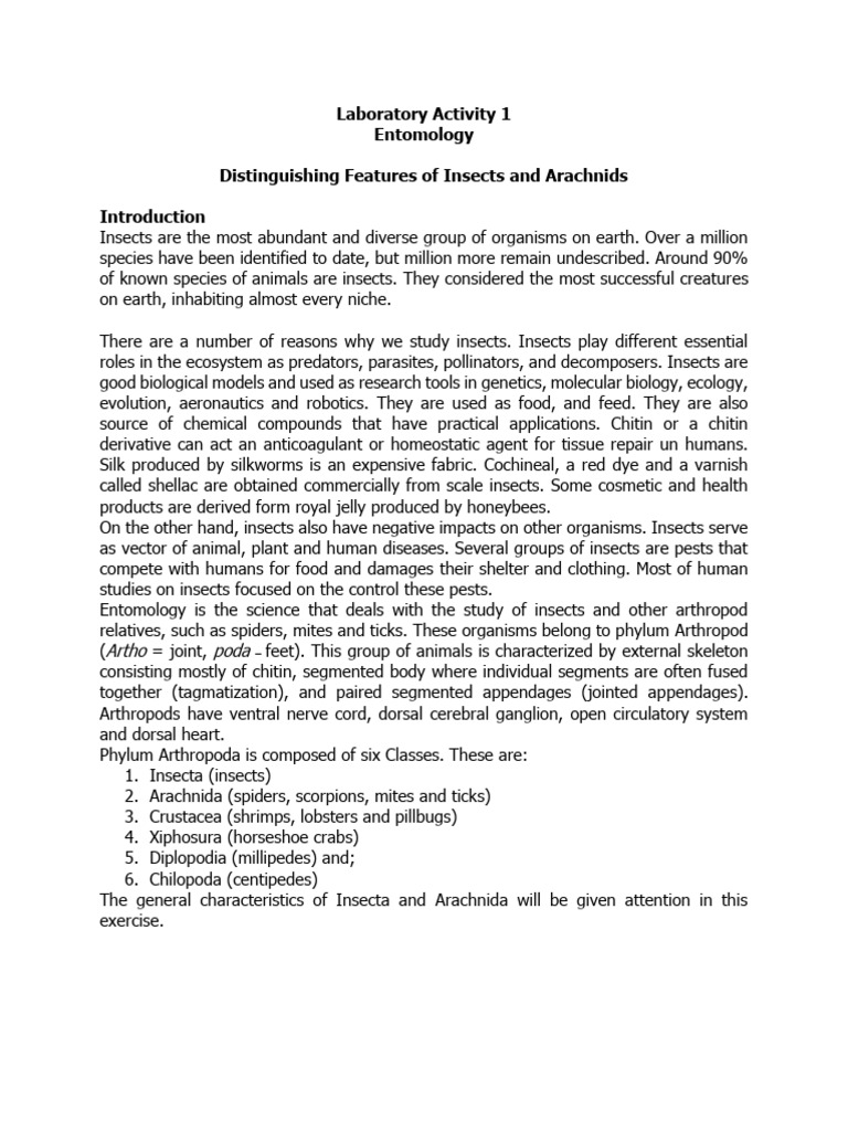 Laboratory Activity 1 Features of Insects and Arachnids | PDF