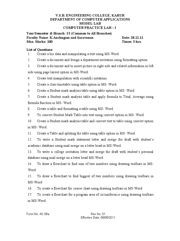 MS OFFICE Lab Question Paper | PDF | Worksheet | Databases