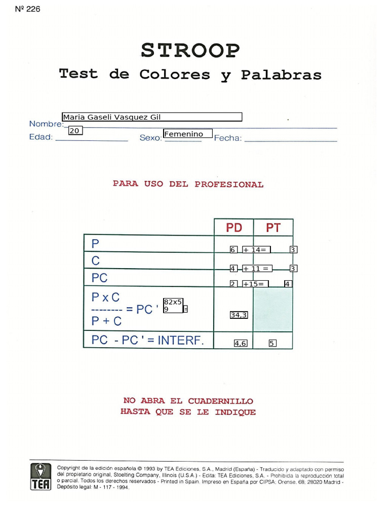 Protocolo Stroop A Colores | PDF