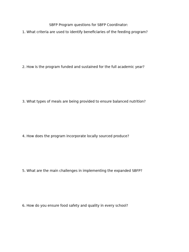 SBFP Program Questions For SBFP Coordinator | PDF