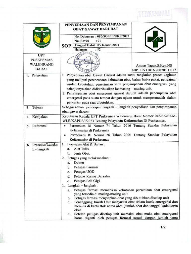 Sop Penyediaan Dan Penyimpanan Obat Emergensi | PDF