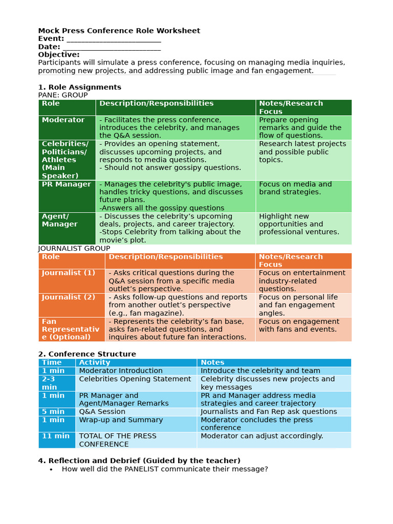Mock Press Conference Role Worksheet | PDF