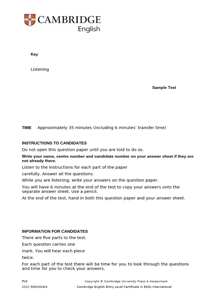 A2 Key 2022 Sample Tests Listening - Question Paper | PDF