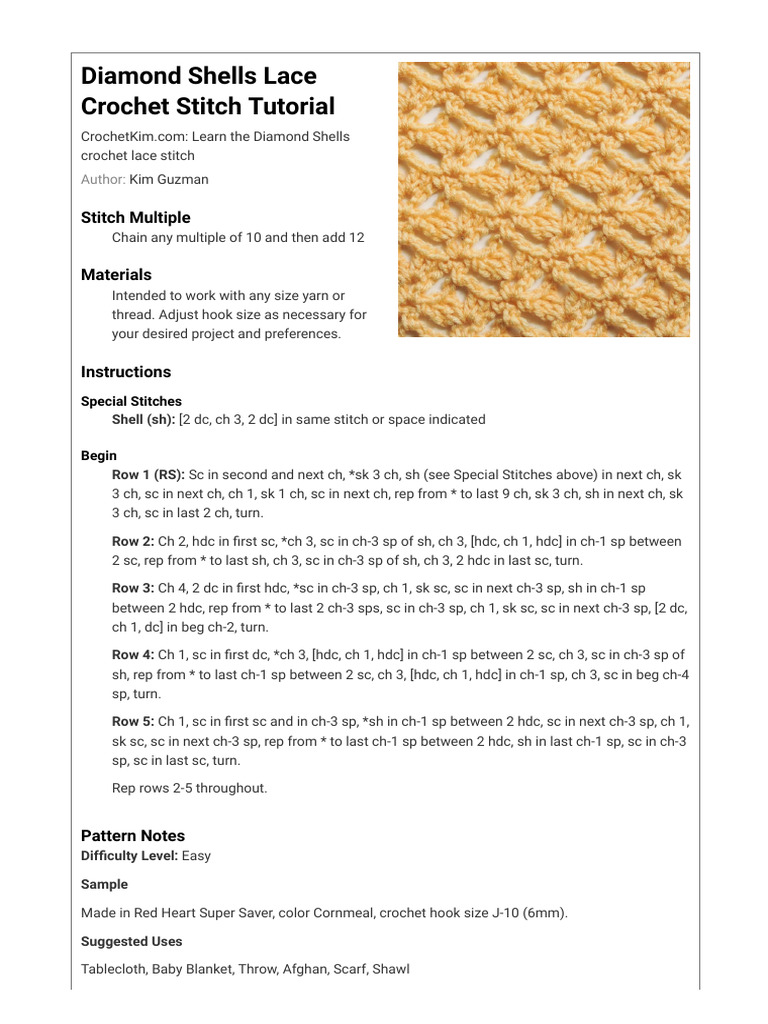 Diamond Shells Lace Crochet Stitch Tutorial - CrochetKim™ | PDF