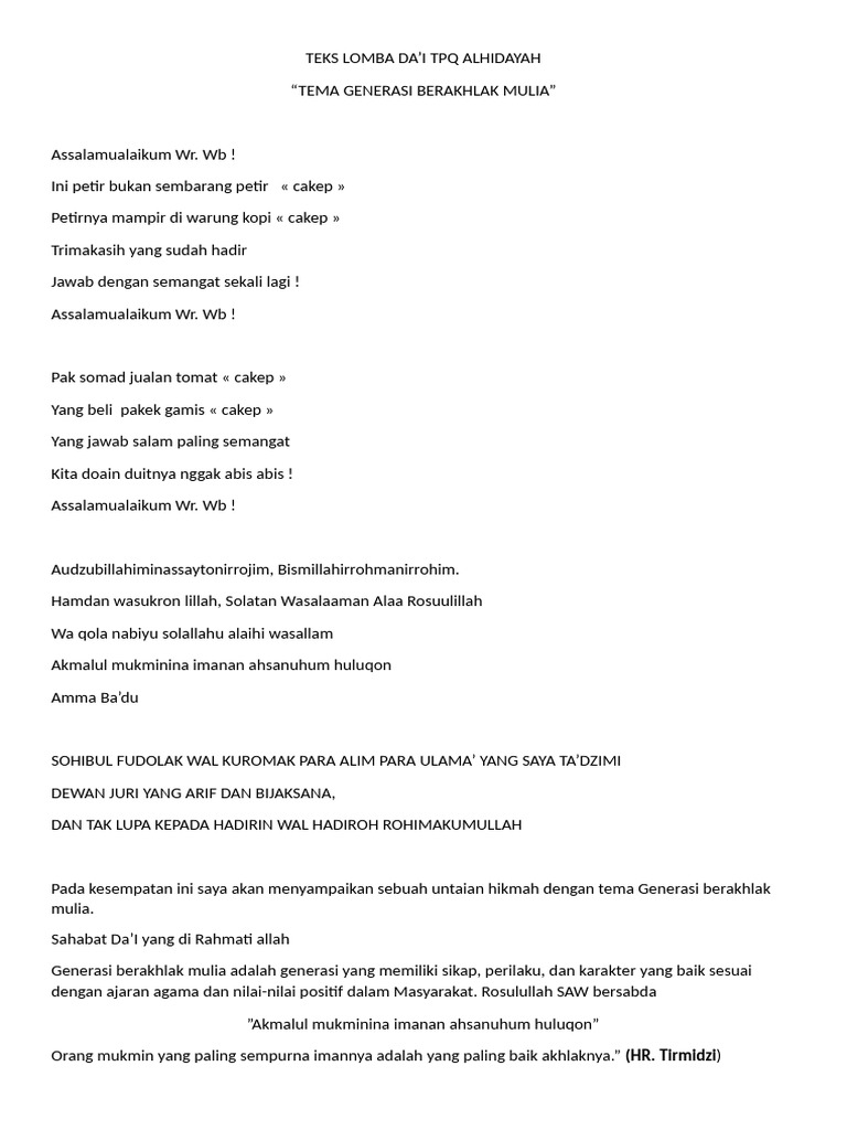 Teks Lomba Da'i Tema Generasi Berakhlak Mulia | PDF