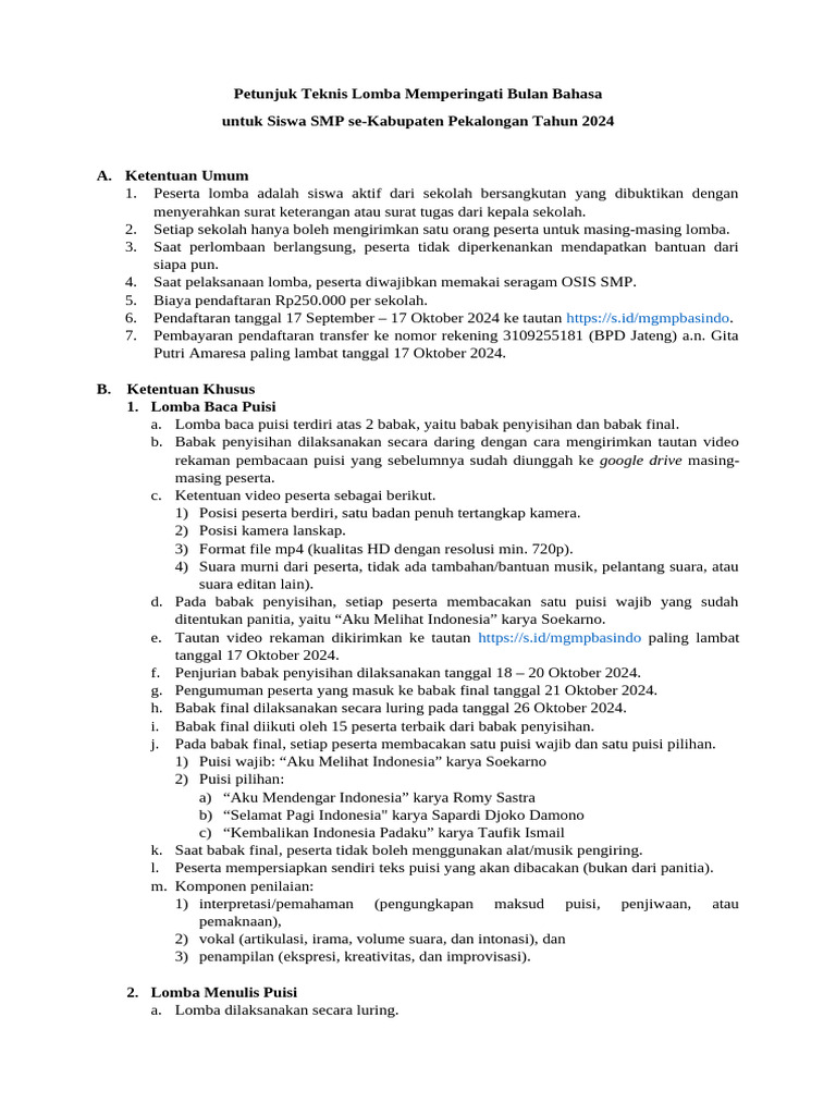 Petunjuk Teknis Lomba Bulan Bahasa 2024-1 | PDF