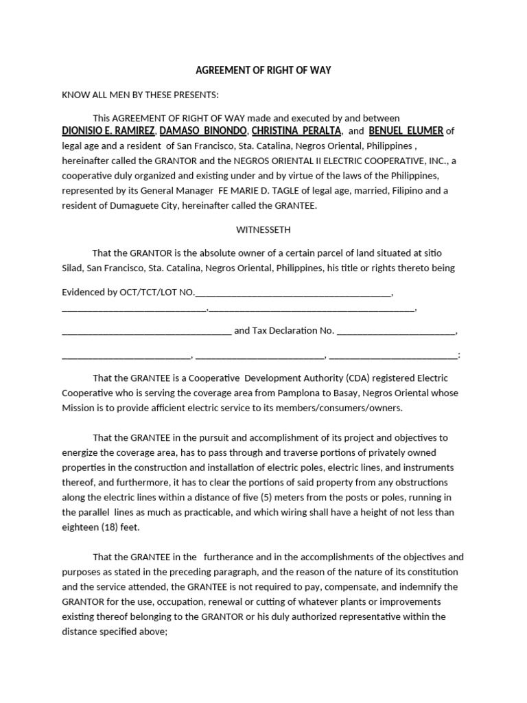 Right of Way Agreement for NORECO II | PDF | Private Law | Justice