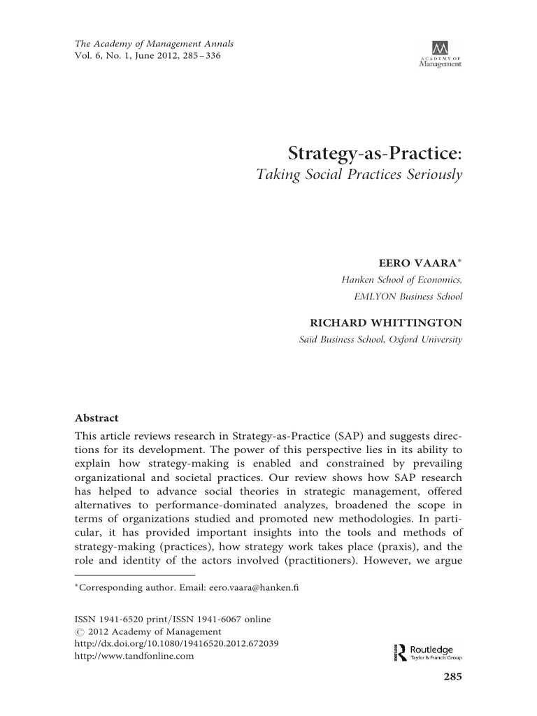 Strategy-as-Practice:: Taking Social Practices Seriously | PDF