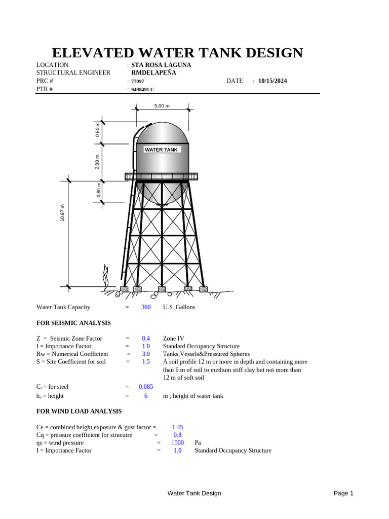 Elevated Water Tank Design Spreadsheet | PDF