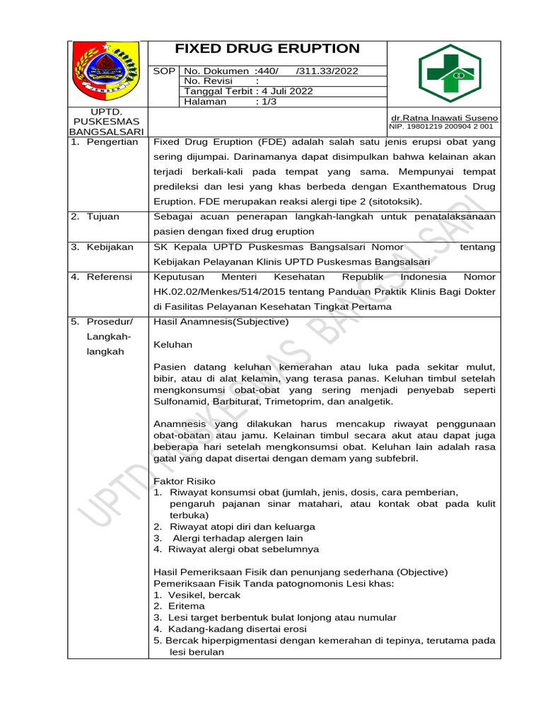 Sop Fixed Drug Eruption | PDF