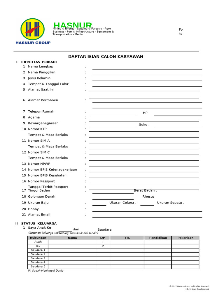 Form Isian Karyawan | PDF