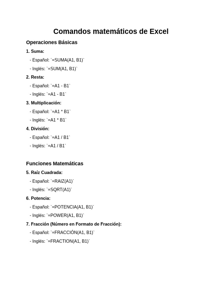 Comandos Matemáticos de Excel | PDF