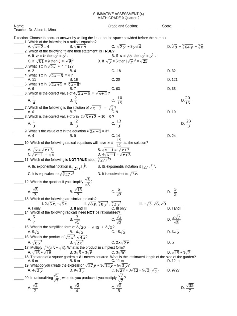 Summative Assessment (4) Q2 Math Grade 9 | PDF