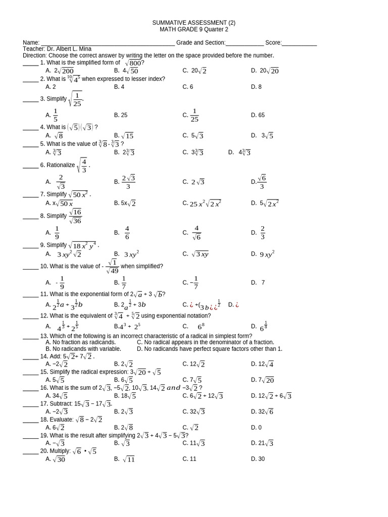 Summative Assessment (2) Q2 Math Grade 9 | PDF
