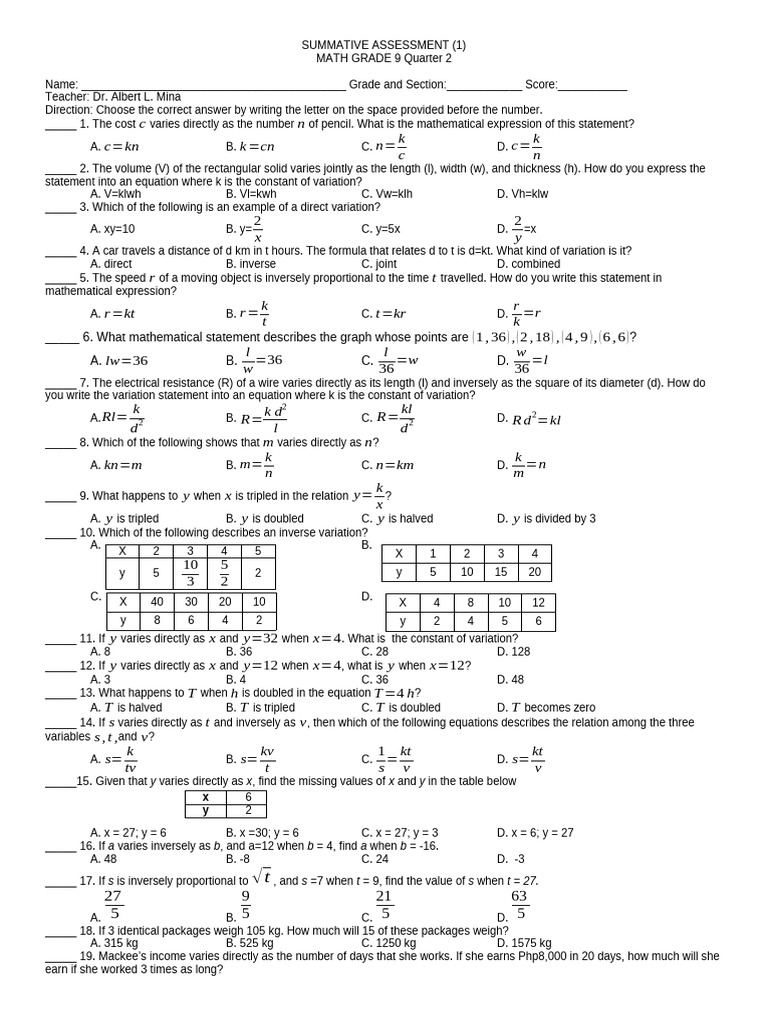 Summative Assessment (1) Q2 Math Grade 9 | PDF