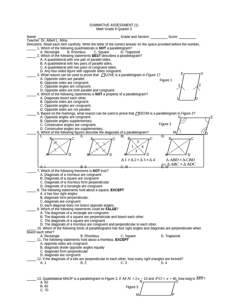 Summative Assessment 1 Q3 Math Grade 9 Quarter 3 New | PDF