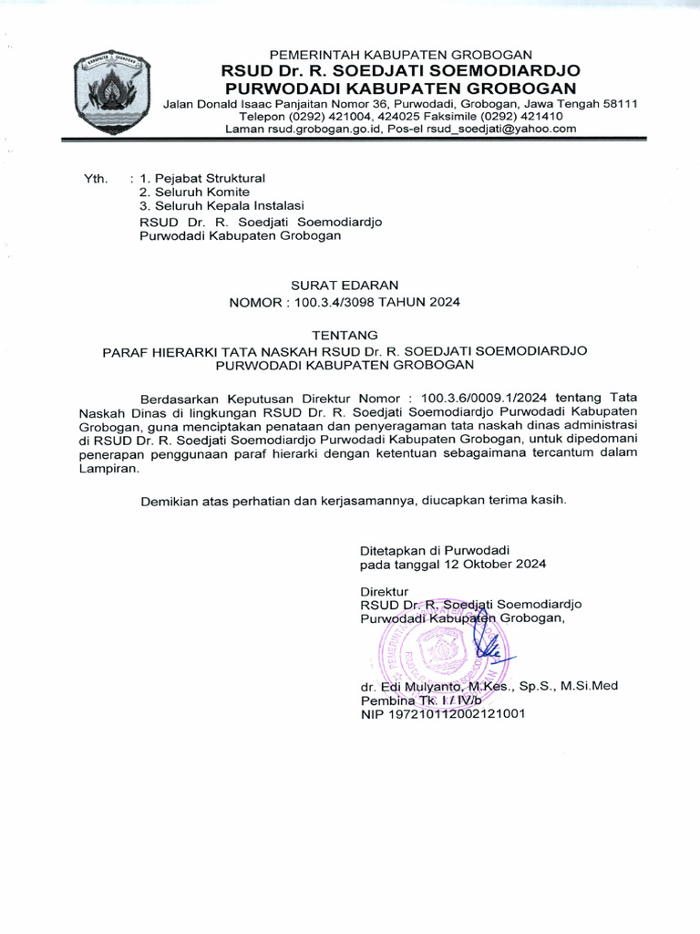 Edaran No 3098 Tahun 2024 Tentang Paraf Hierarki Tata Naskah RSUD Dr. R ...