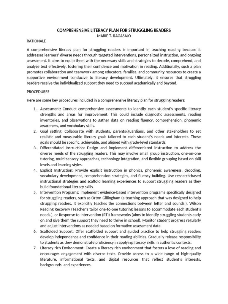 Comprehensive Literacy Plan for Struggling Readers | PDF