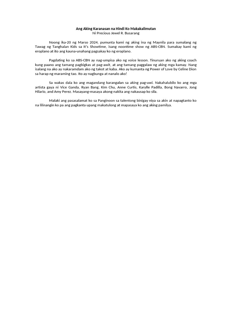 Ang Aking Karanasan Na Hindi Ko Makakalimutan | PDF