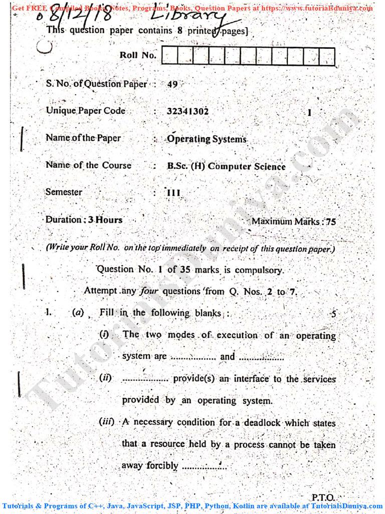 Operating Systems Question Paper 2018 - Tutorialsduniya | PDF