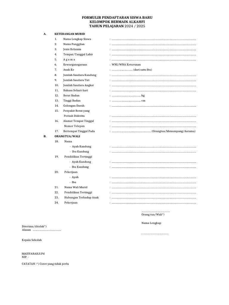 Formulir Pendaftaran Siswa Baru | PDF