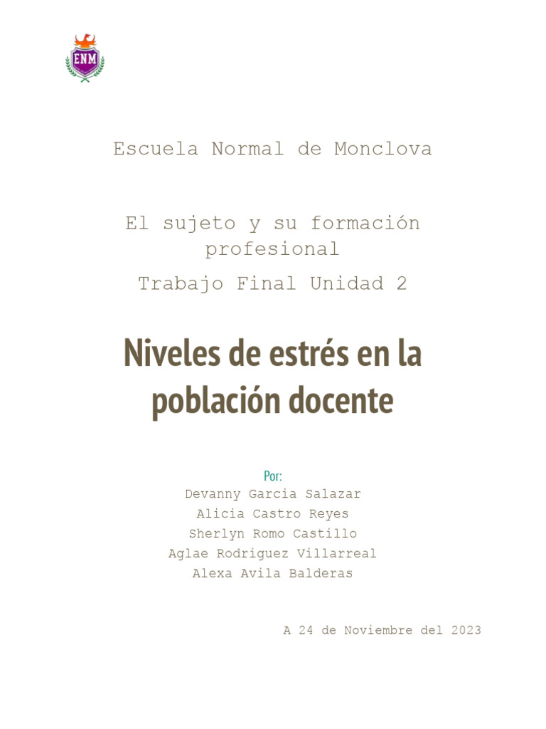 Niveles de Estrés en La Población Docente: Escuela Normal de Monclova ...