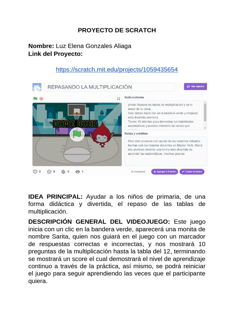 Proyecto de Scratch - Luz Elena Gonzales Aliaga | PDF | Juegos y actividades | Salud y bienestar