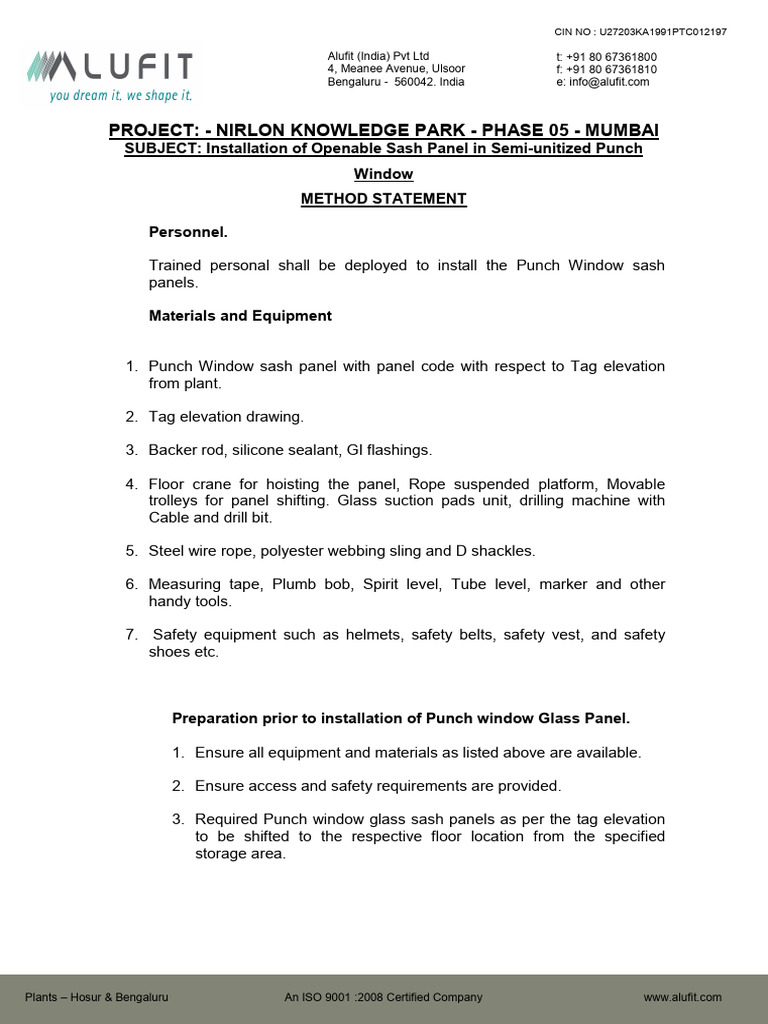 Method statment - Punch Window Openable installation | PDF