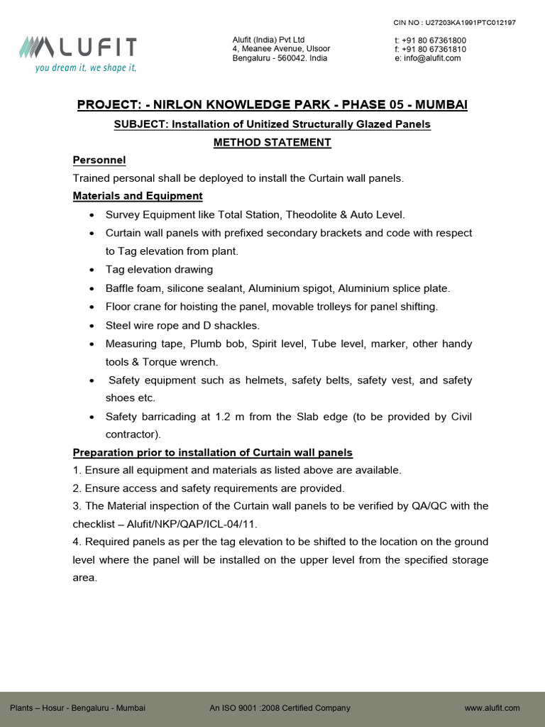 Method Statement - Unitized Panel Installation | PDF