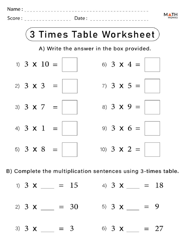 3 Times Table Worksheet | PDF
