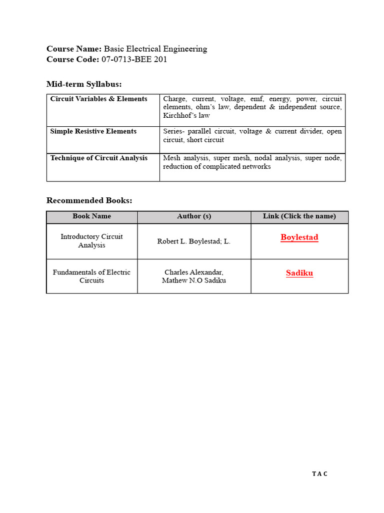 BEE Mid Syllabus | PDF