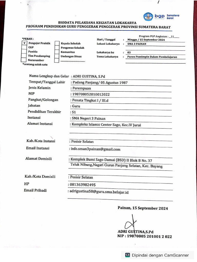 Biodata PP Adri Gustina Loka3 | PDF