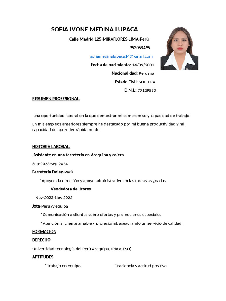 Sofia Ivone Medina Lupaca Curriculum | PDF