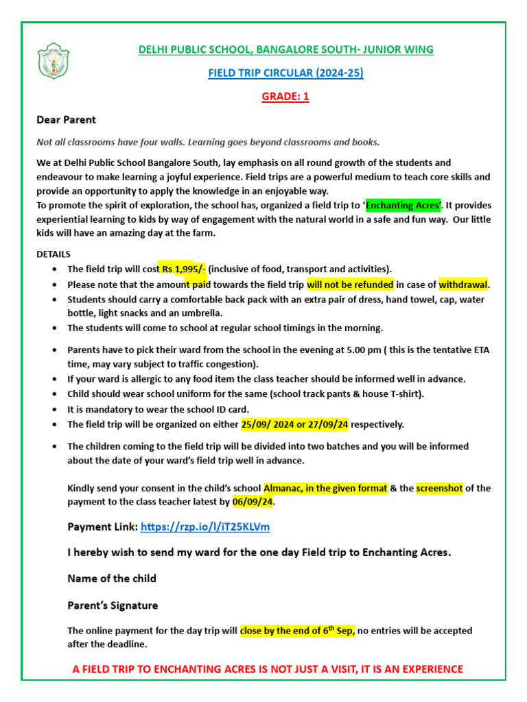Grade 1 Field Trip Circular 2024251725081177911 | PDF