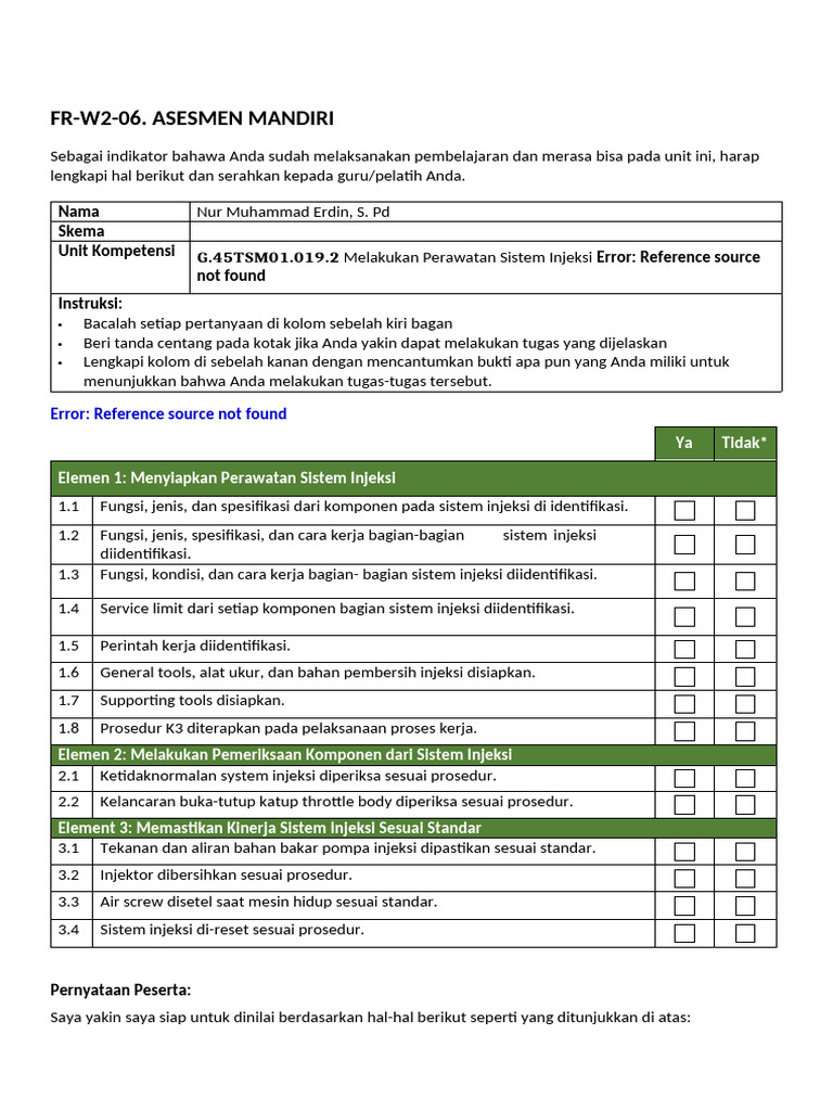 Form. WS02-06. Contoh Asesmen Mandiri | PDF