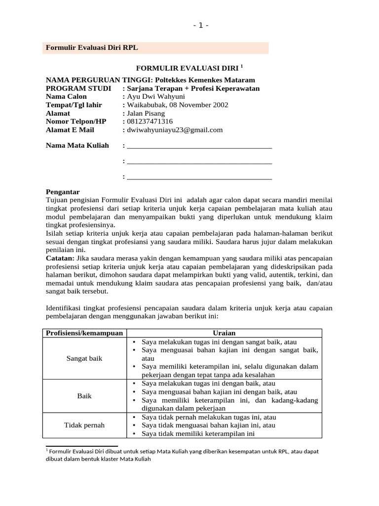 Formulir - Evaluasi - Diri - RPL-1 | PDF