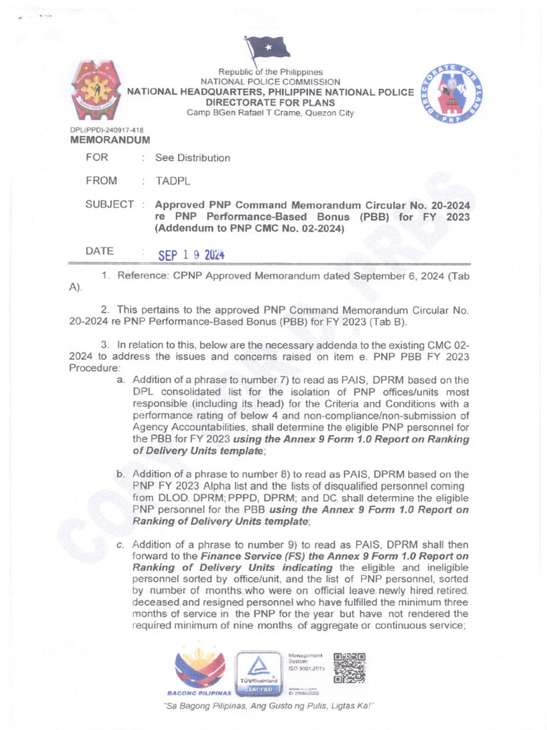 Approved PNP CMC No. 20-2024 Re PNP PBB For Fy 2023 (Addendum To PNP CMC No. 02-2024) | PDF