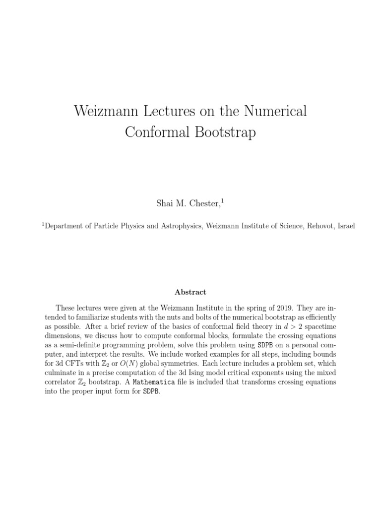 Weizmann Lectures On The Numerical Conformal Bootstrap: Shai M. Chester ...